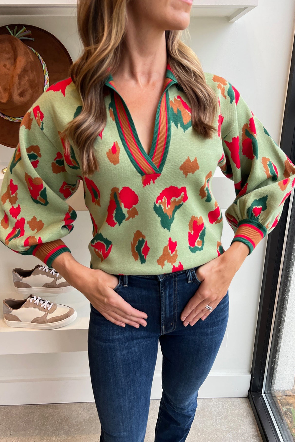 $9.5 Grass Green Brushed Ikat Cheetah Collared V Neckline Sweater Wholesale