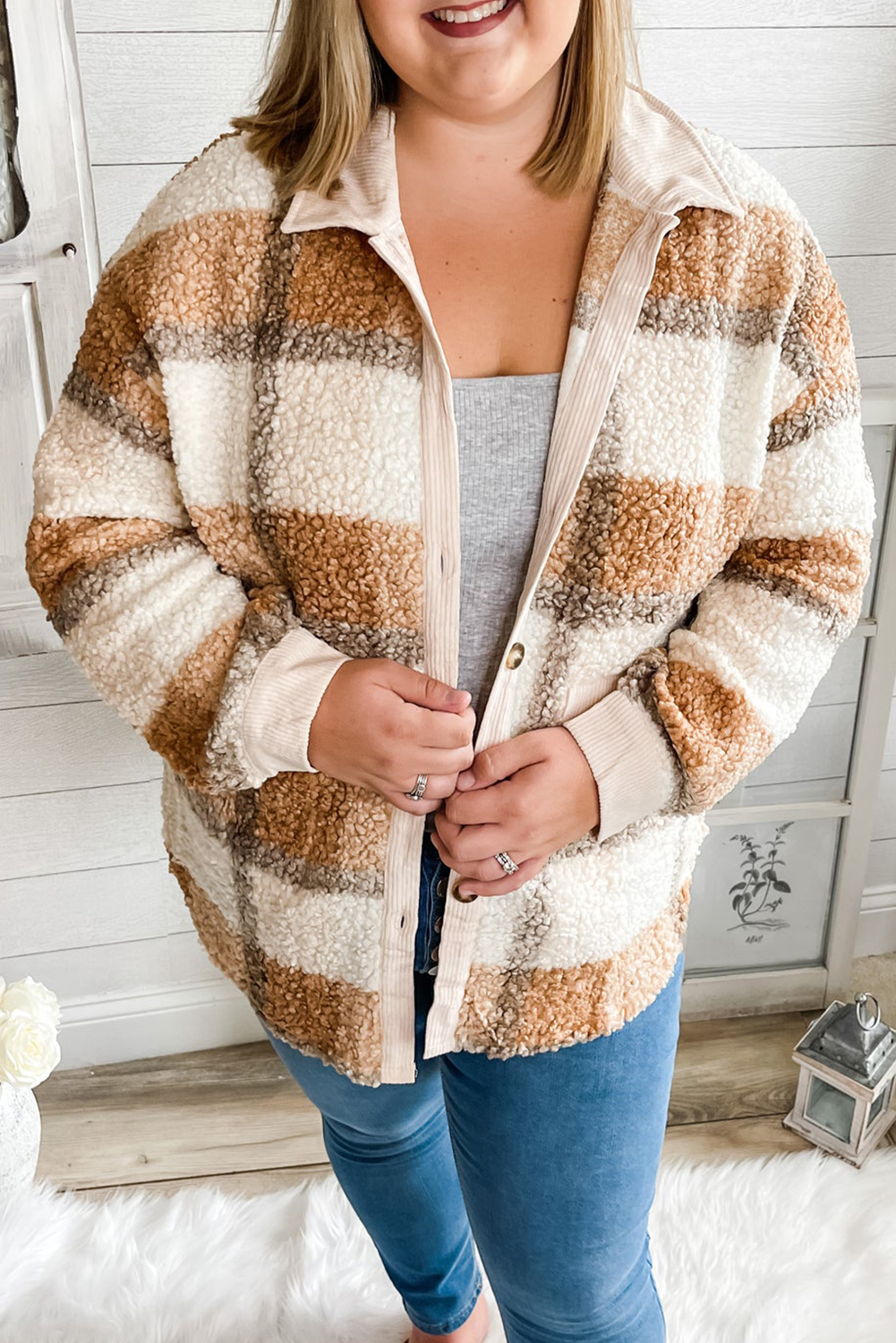$13.49 Khaki Neutral Plaid Teddy Plus Size Jacket Wholesale