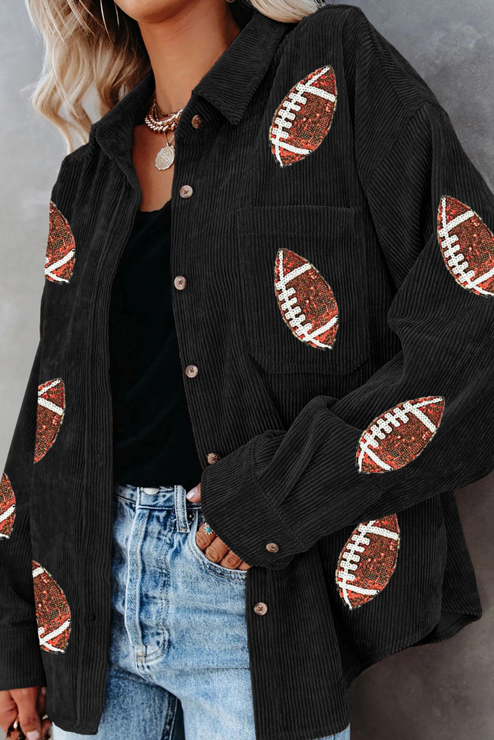$12.05 Black Sequin Rugby Pattern Buttoned Corduroy Shacket Wholesale