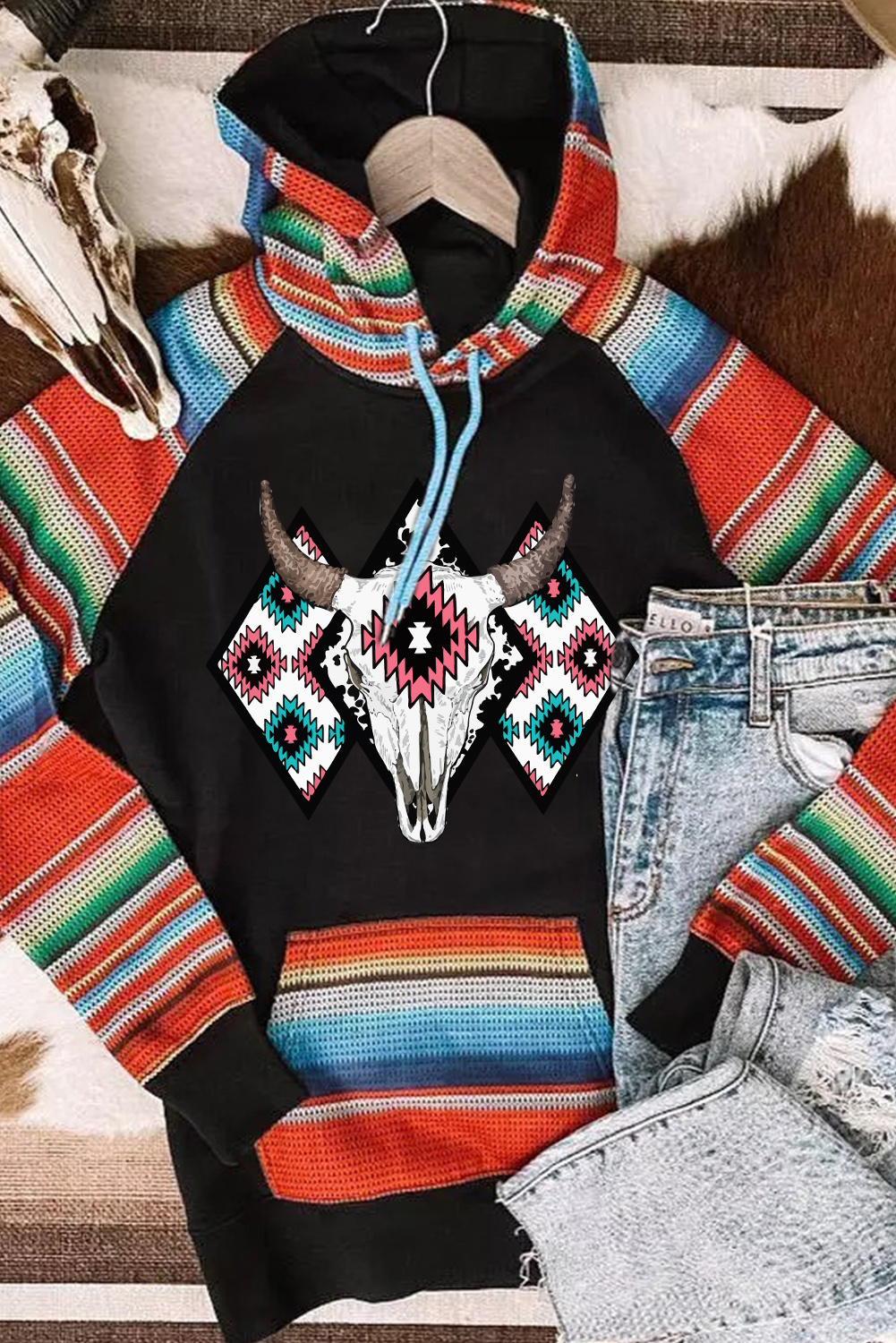 $10.65 Multicolor Western Steer Head Aztec Serape Patchwork Pocketed ...