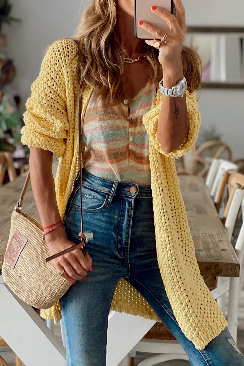 $9.89 Yellow Cream Solid Color Openwork Crochet Open Front Cardigan ...