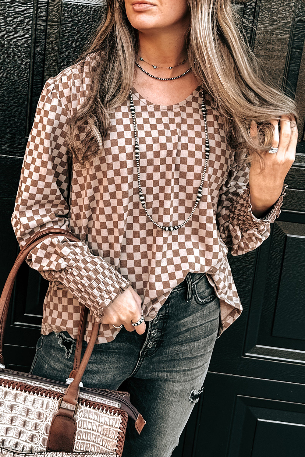 $6.49 Chestnut Checkerboard Smocked Cuff Lantern Sleeve Blouse Wholesale