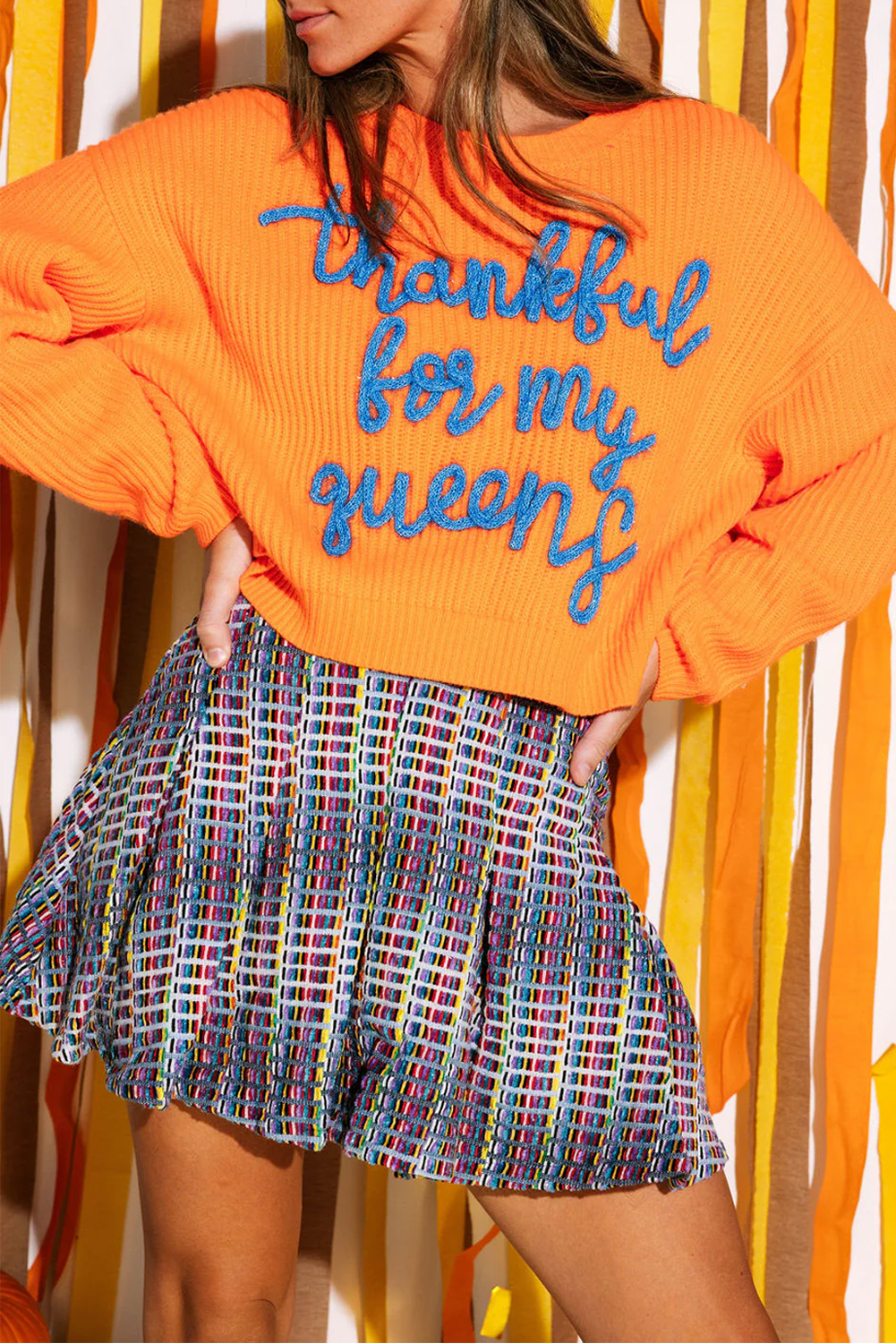 $9.49 Carrot Pop Up Letter Drop Shoulder Round Neck Sweater Wholesale