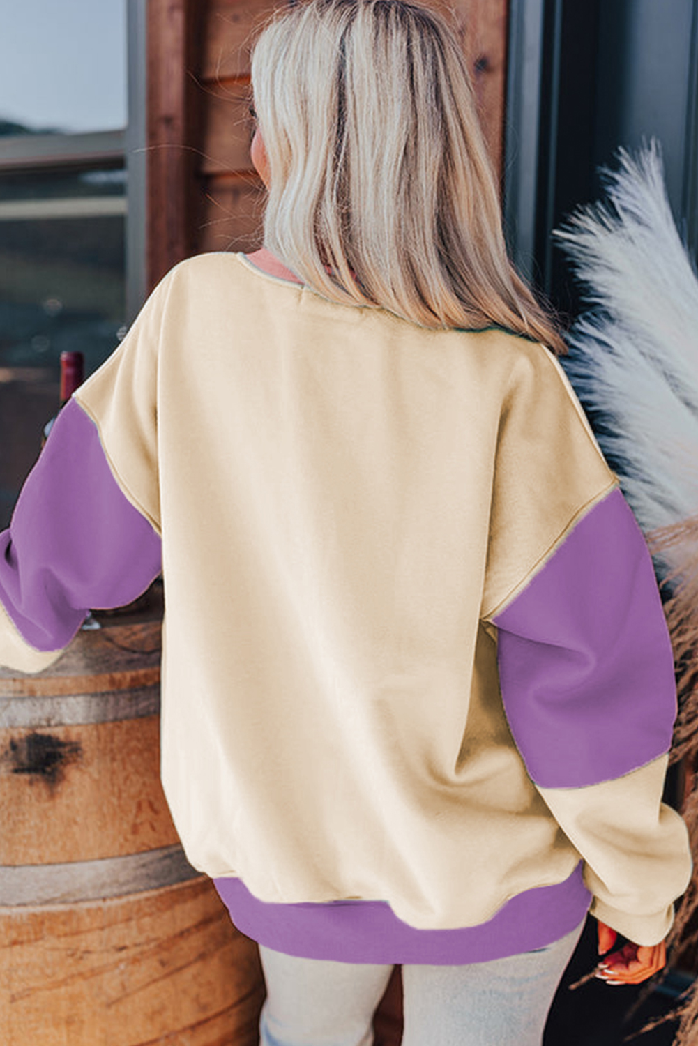 $7.75 Meadow Mauve Colorblock Patchwork Drop Shoulder Sweatshirt Wholesale