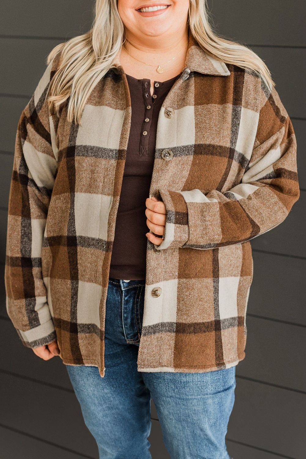 $12.69 Khaki Plaid Print Button-up Collared Plus Size Shacket Wholesale