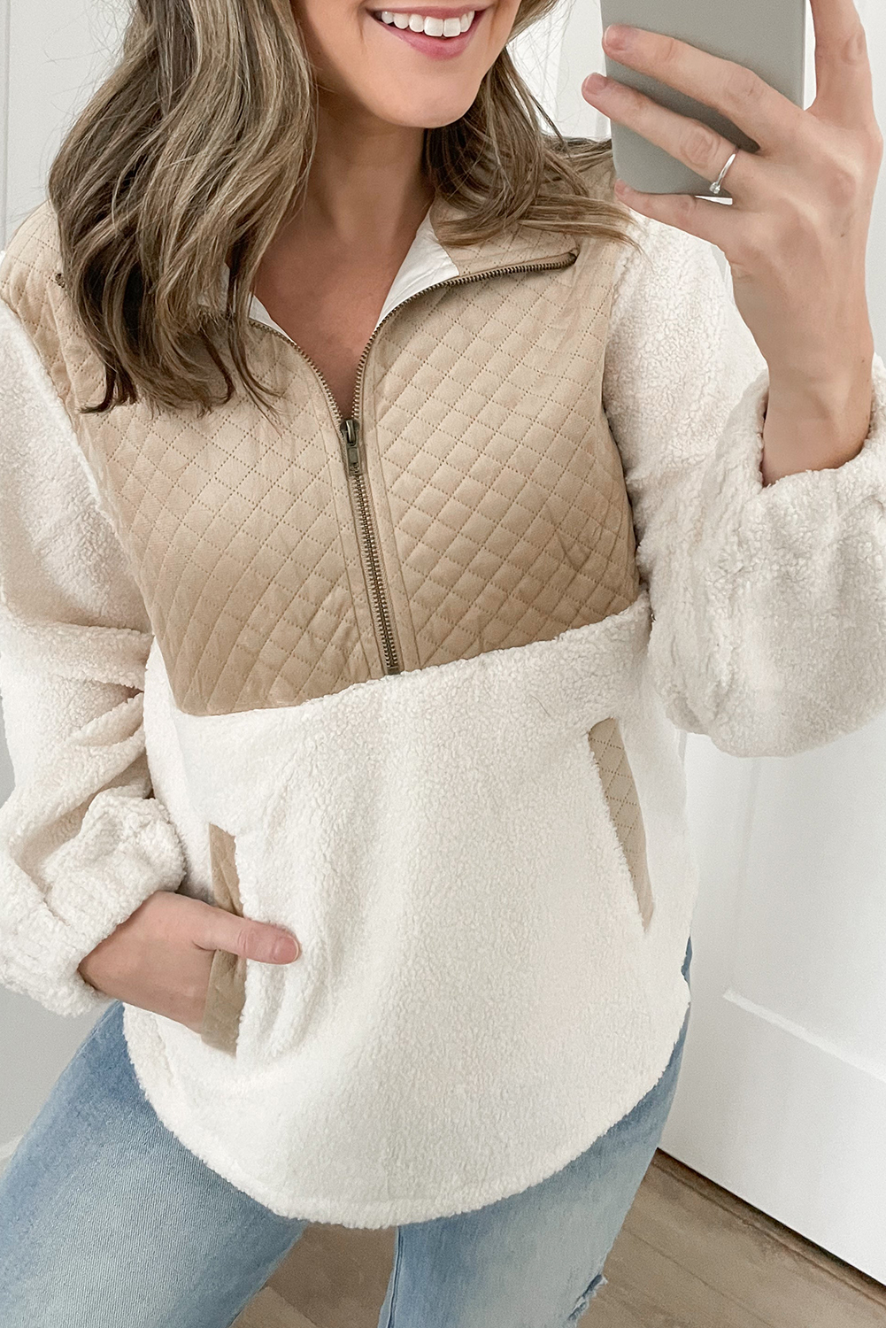$9.29 White Colorblock Quilted Patchwork Quarter zip Fleece Sweatshirt ...