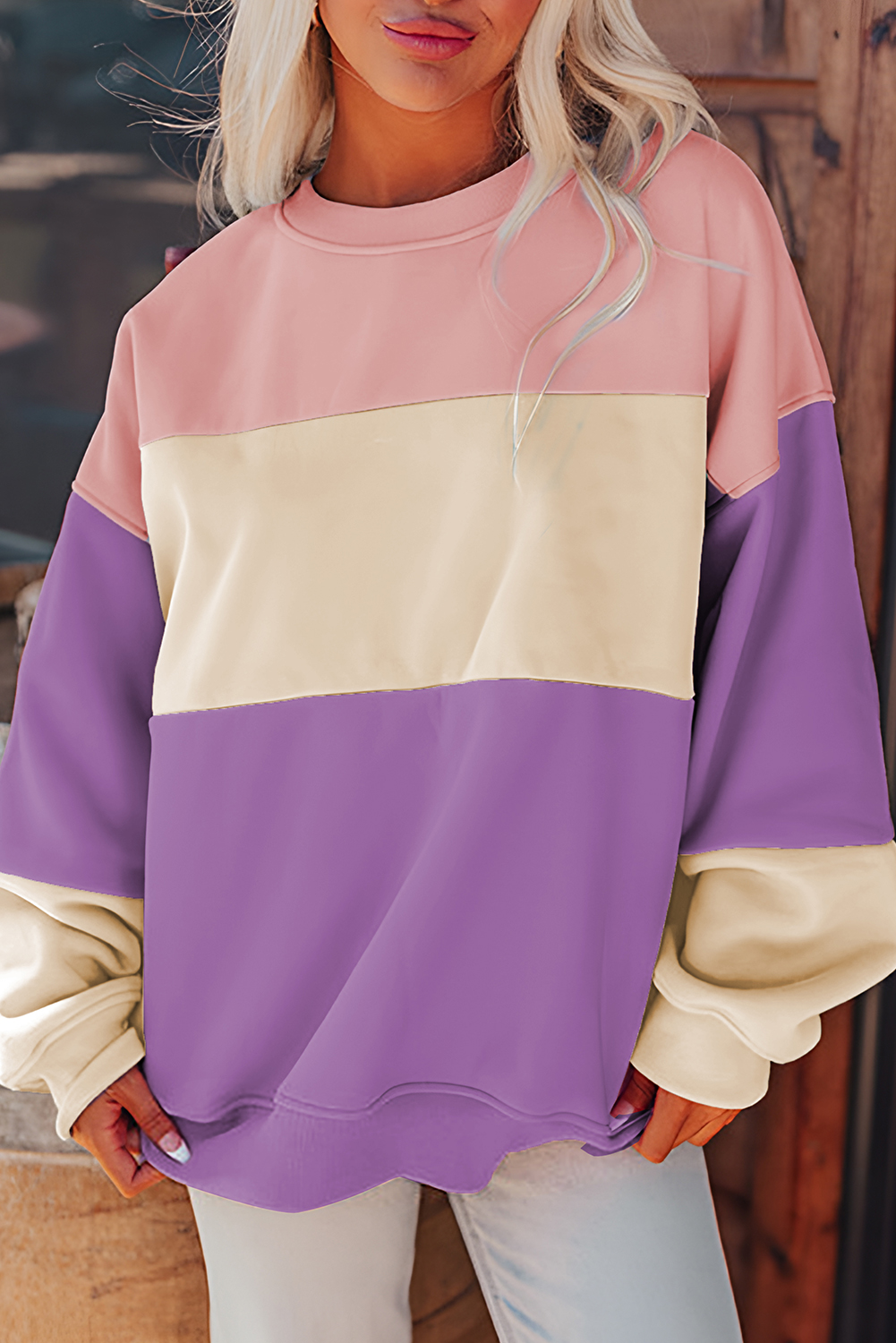 $7.75 Meadow Mauve Colorblock Patchwork Drop Shoulder Sweatshirt Wholesale