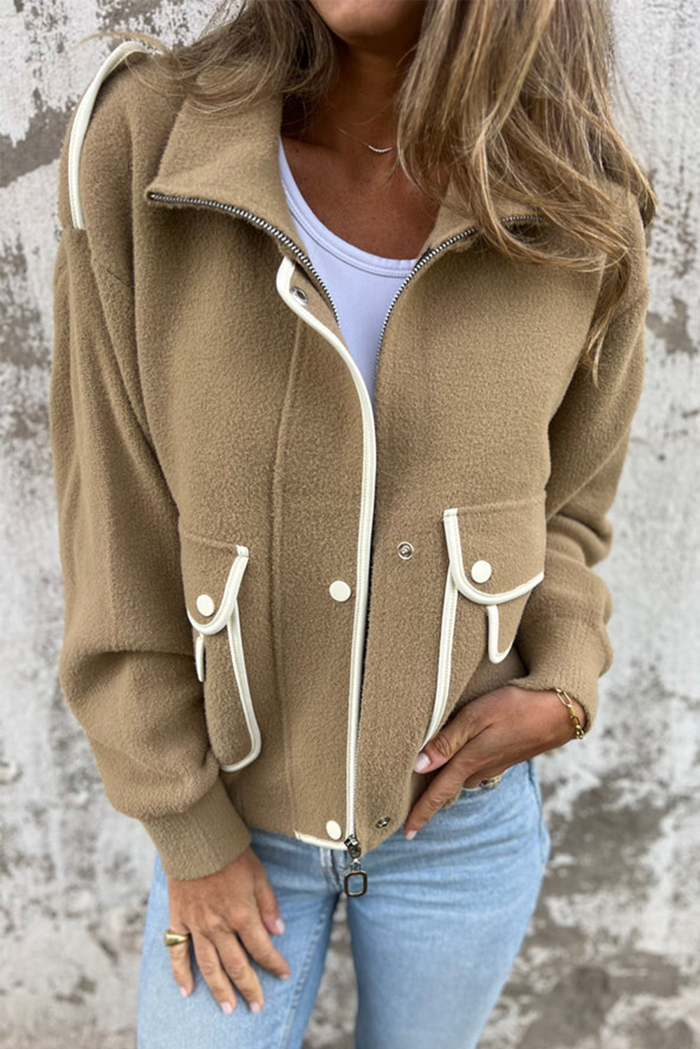 $11.98 Pale Khaki Colorblock Trim Flap Pocket Snap Button Zipper Front ...