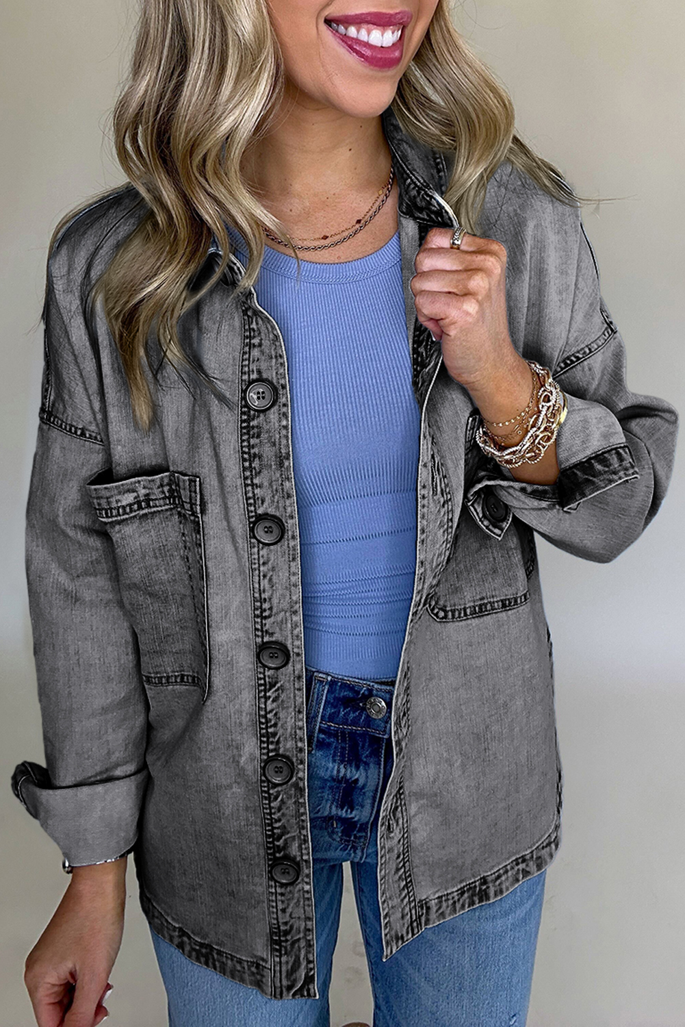 $16.75 Medium Grey Mineral Wash Patched Pocket Split Denim Jacket Wholesale