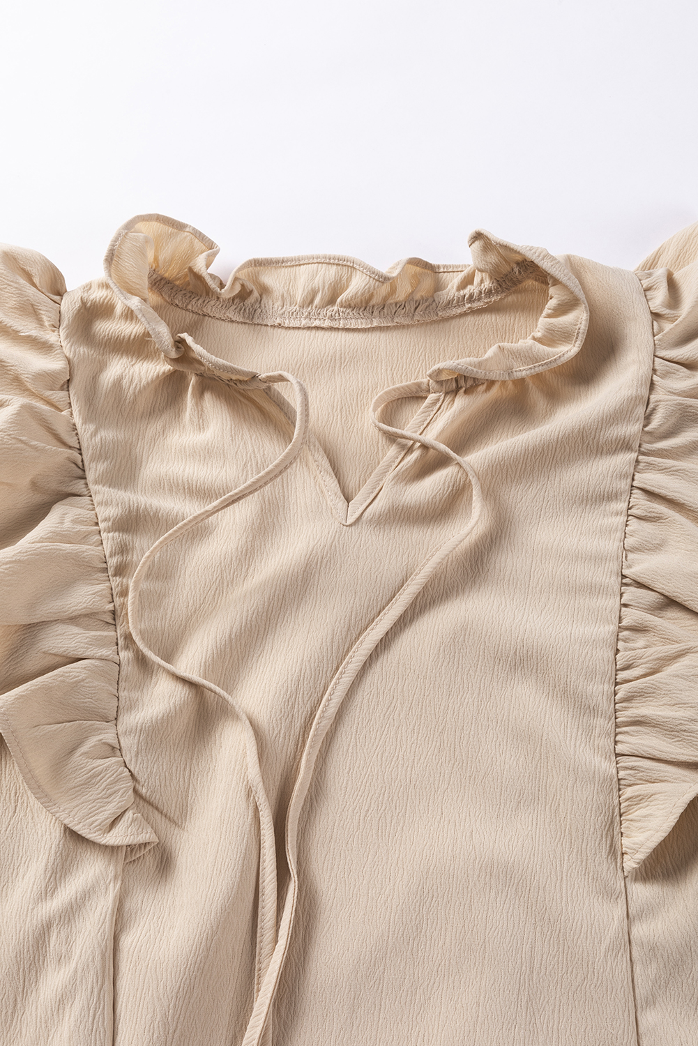 $6.06 Khaki Ruffled Lace up Bubble Sleeve Blouse Wholesale