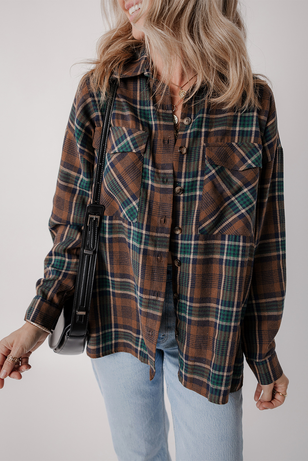 $8.3 Brown Plaid Print Chest Pockets Buttoned Shirt Jacket Wholesale
