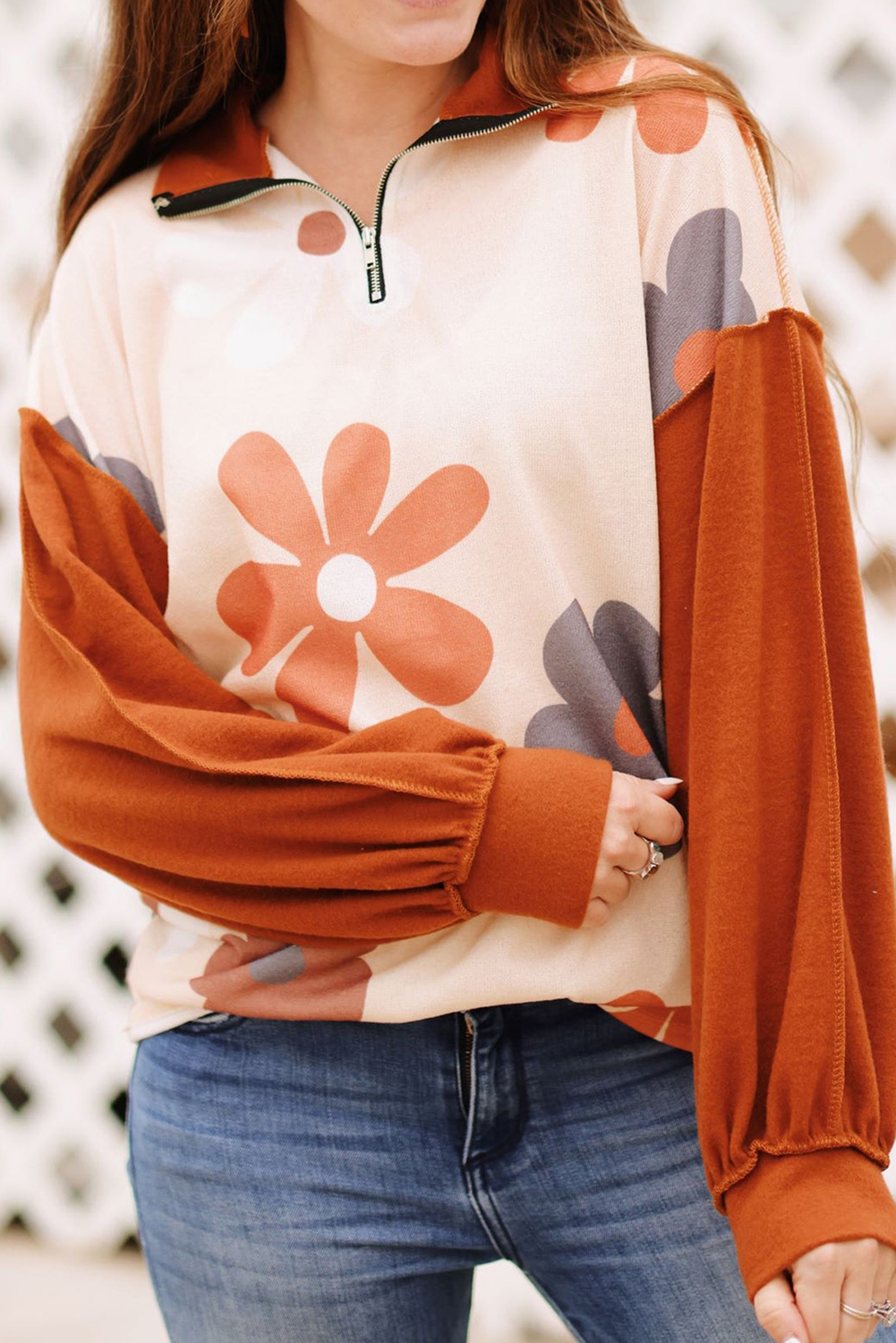 $6.98 Cinnamon Flower Print Colorblock Sleeve Patchwork Zipped Collared ...