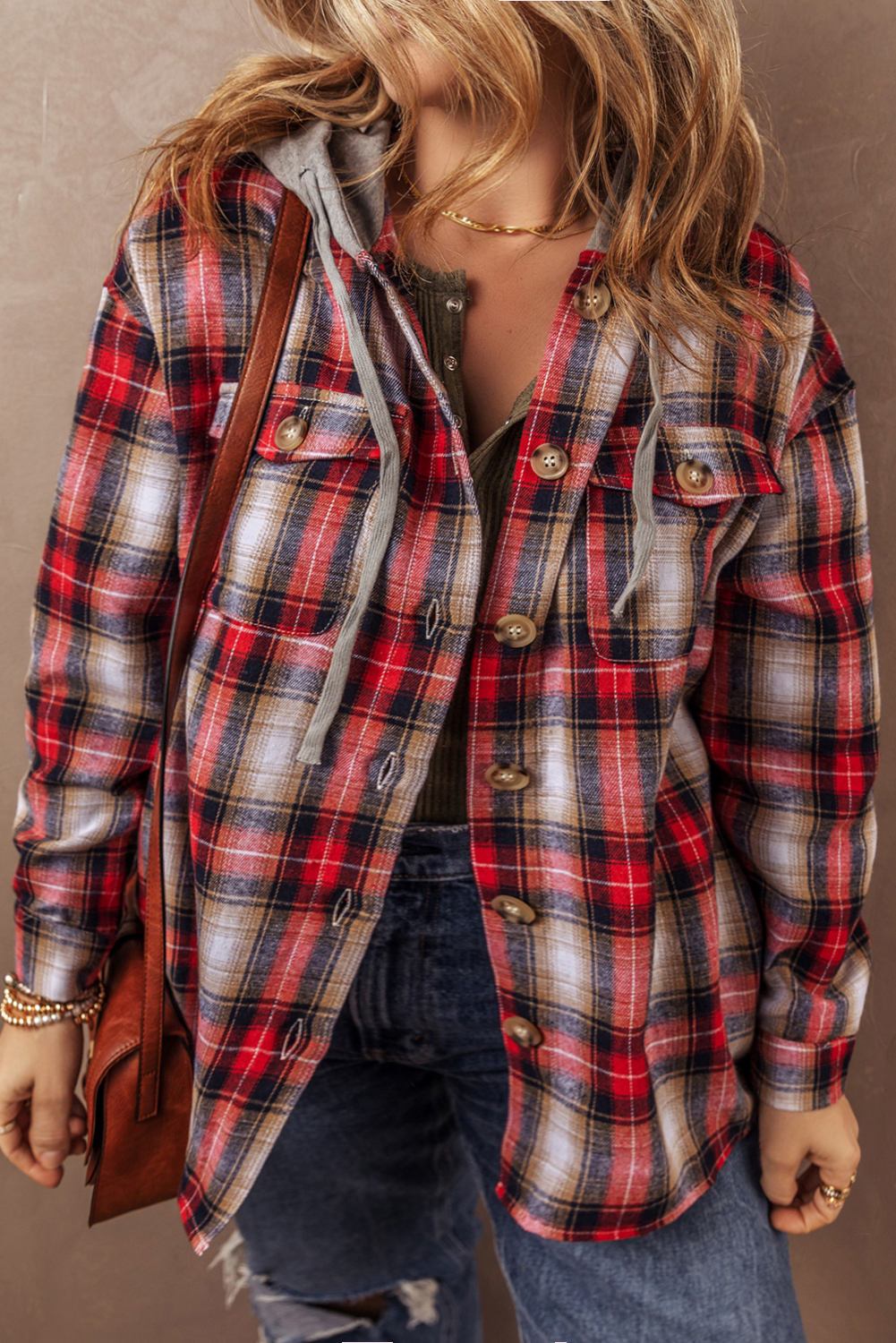 $14.29 Red Plus Size Plaid Print Flap Pockets Hooded Shacket Wholesale