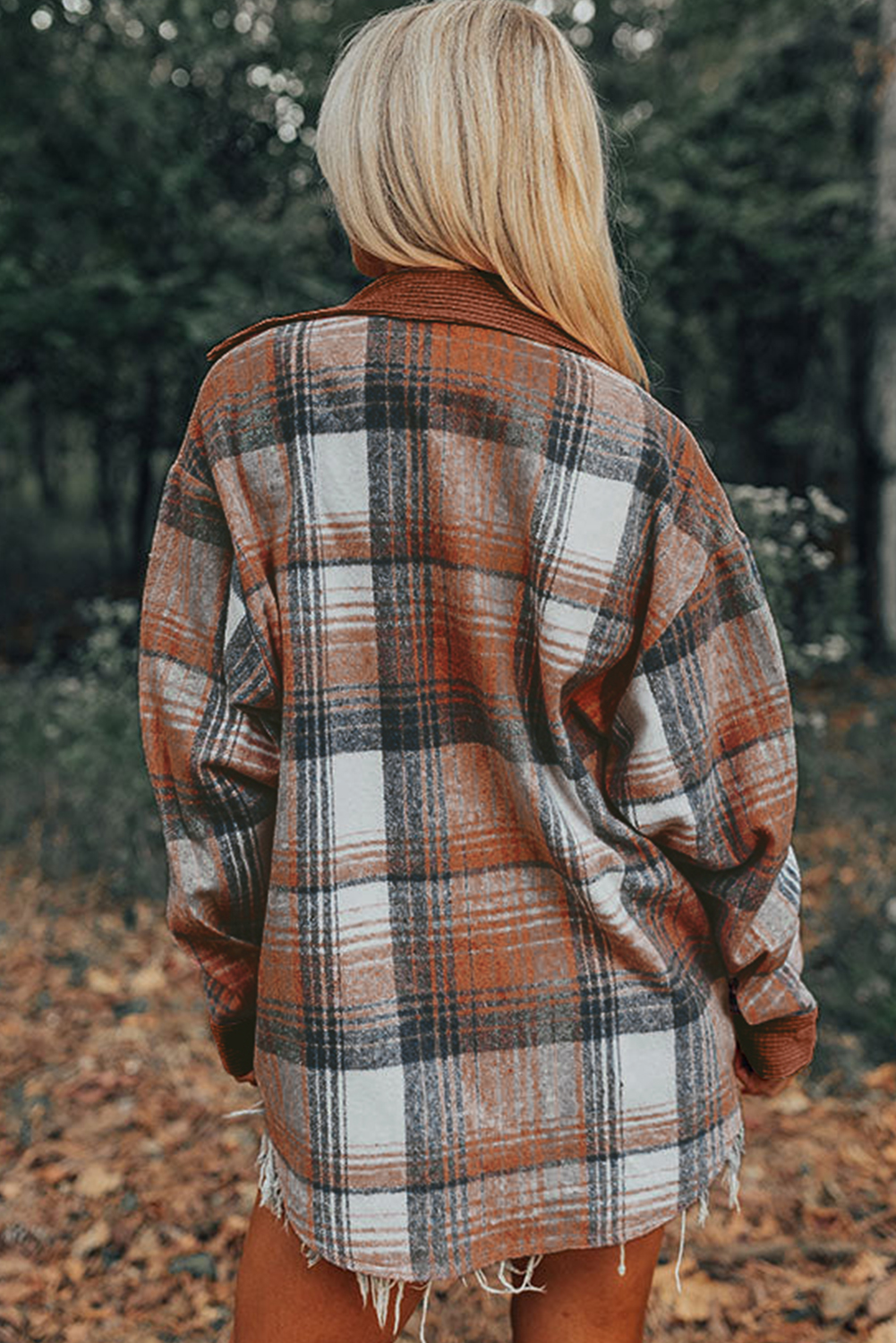 $10.35 Cinnamon Plaid Corduroy Patchwork Chest Pocket Shacket Wholesale