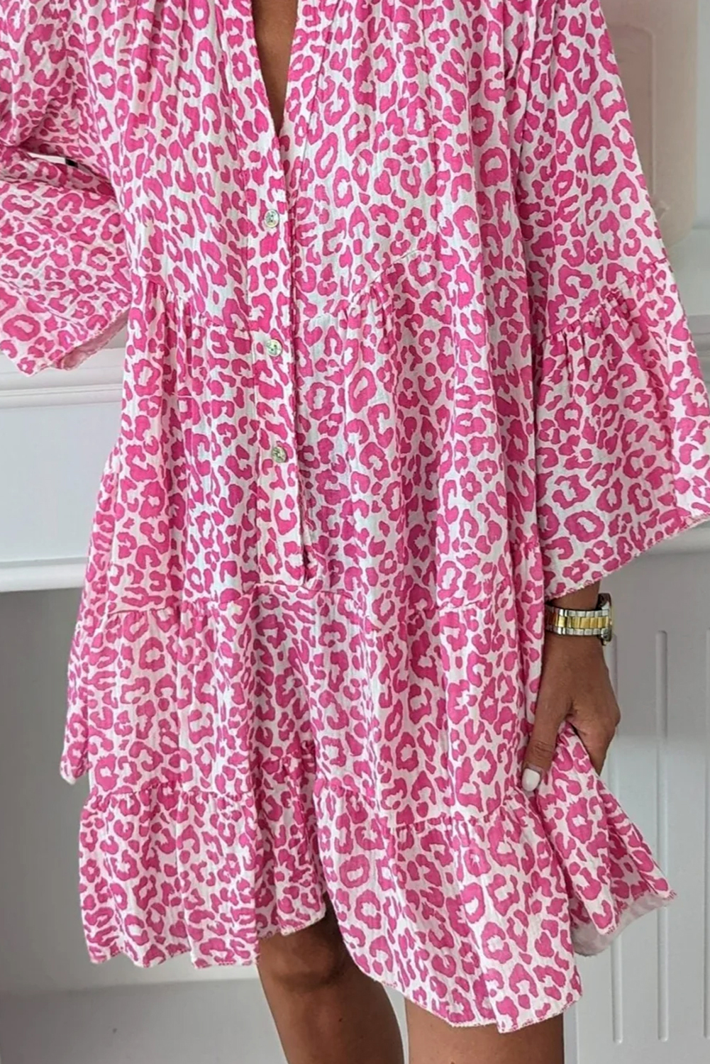 $9.55 Bright Pink Leopard Printed Long Sleeve Buttoned Front Mini Dress ...