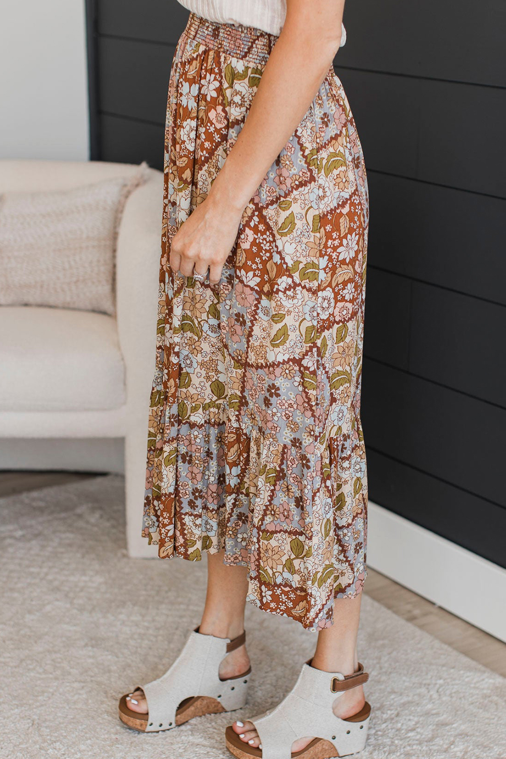 $7.49 Brown Floral Print Ric-rac Ruffled Smocked High Waist Midi Skirt ...