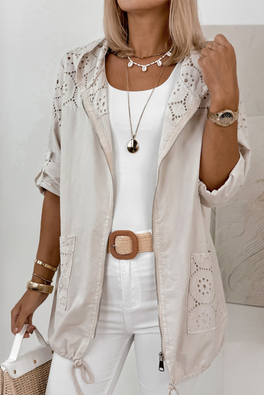 $10.98 Jet Stream Lace Patchwork Zip Up Hooded Jacket Wholesale