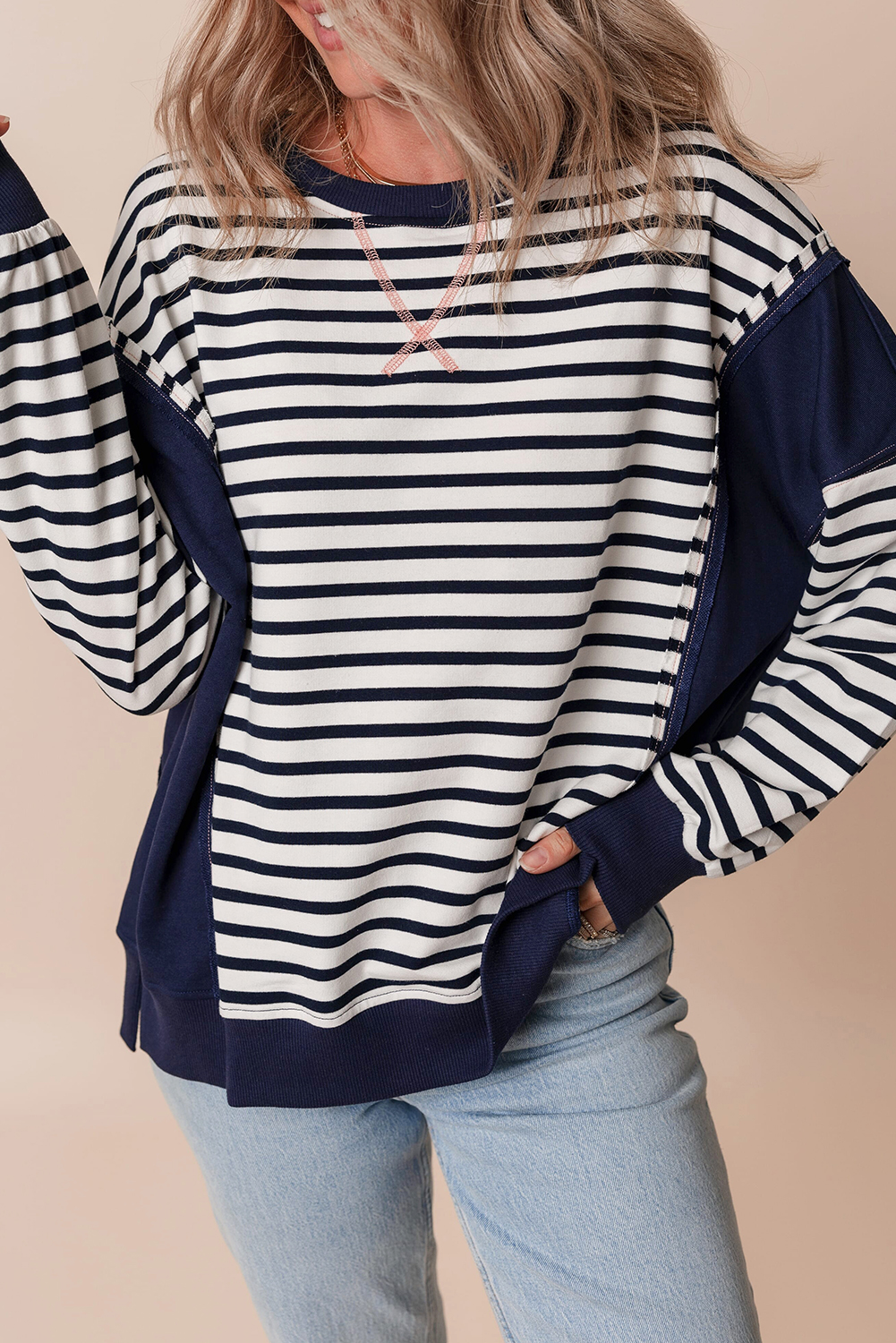 $9 White Stripe Color Block Exposed Seam Loose Fit Sweatshirt Wholesale