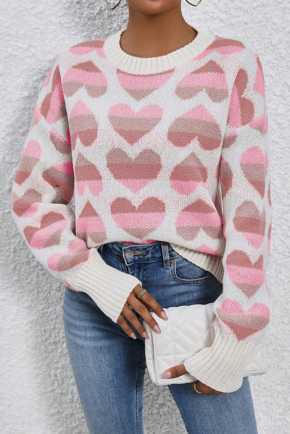 $8.98 Pink Gradient Heart Shape Ribbed Edge Crewneck Sweater Wholesale