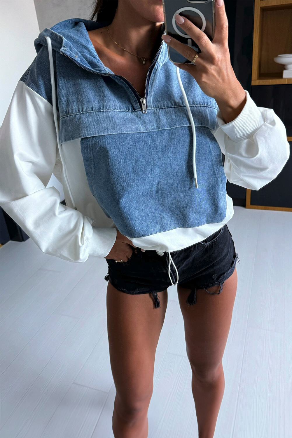 $14.89 White Denim Patchwork Quarter Zip Drawstring Hoodie Wholesale
