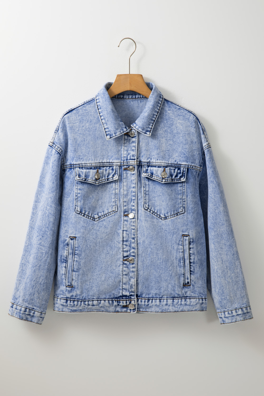 $16 Beau Blue Vintage Washed Flap Pockets Denim Jacket Wholesale