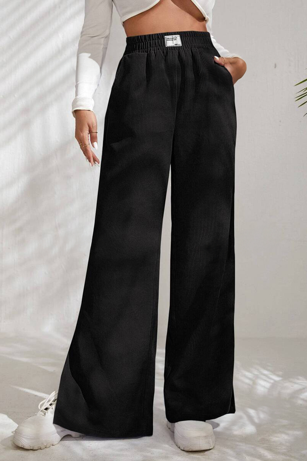 $9.29 Black Side Slits Wide Leg High Waist Corduroy Pants Wholesale