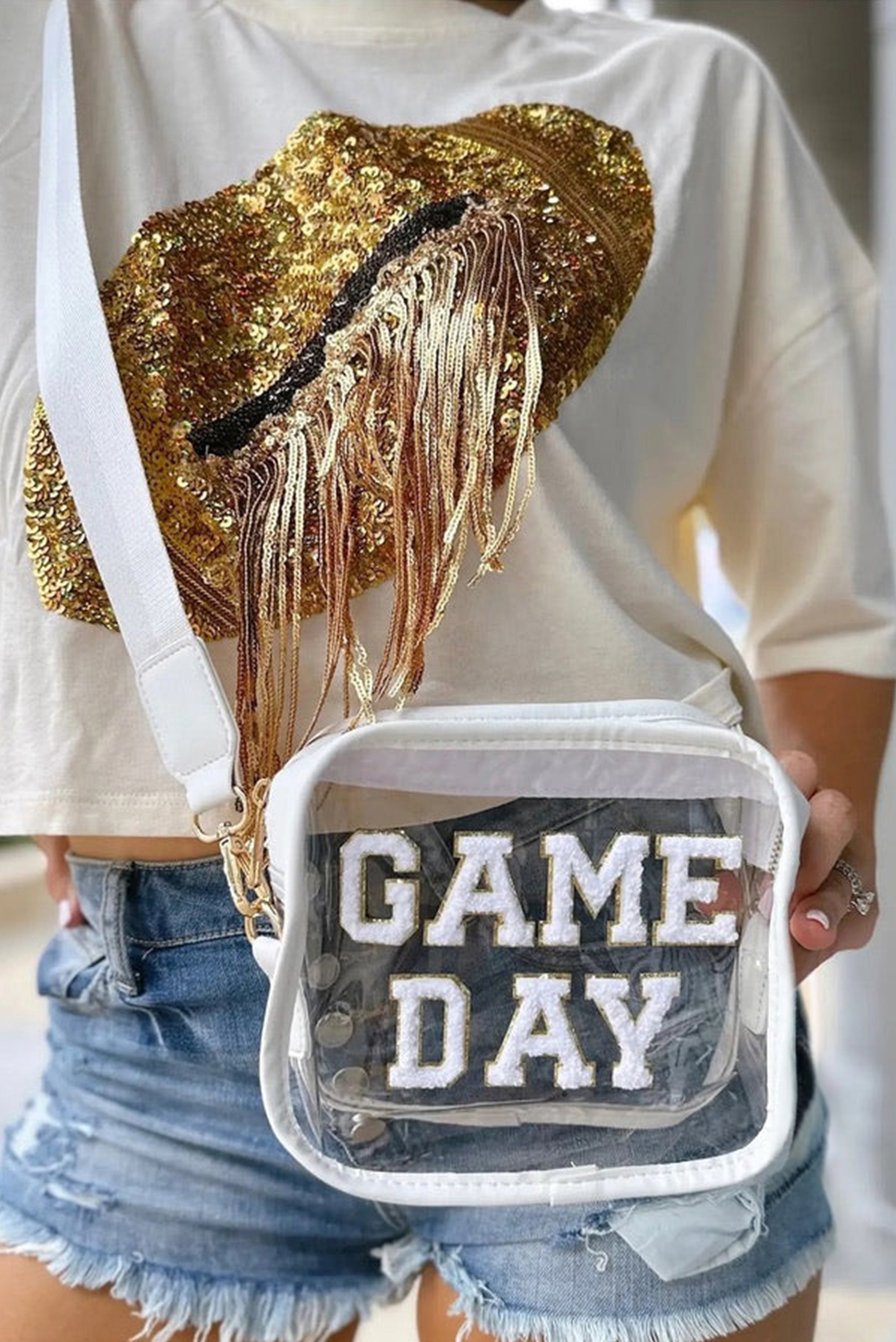 $7.4 White GAME DAY Rugby Football Clear Shoulder Bag Wholesale