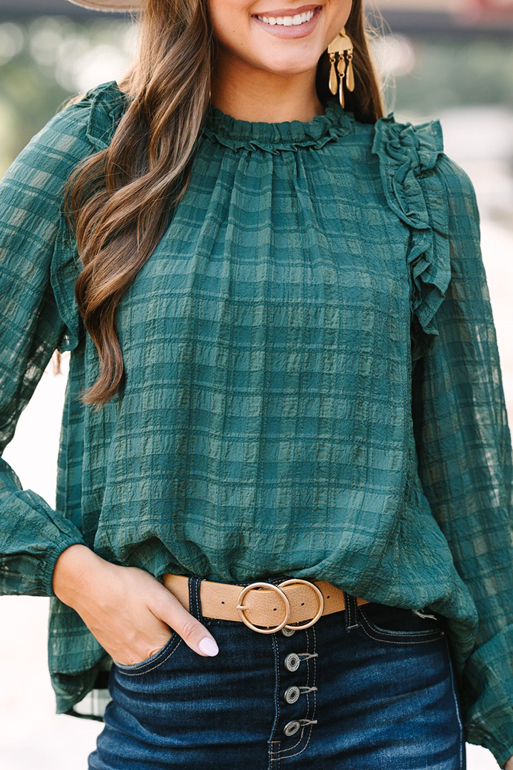$7.49 Skobeloff Checkered Long Sleeve Keyhole Back Ruffled Blouse Wholesale
