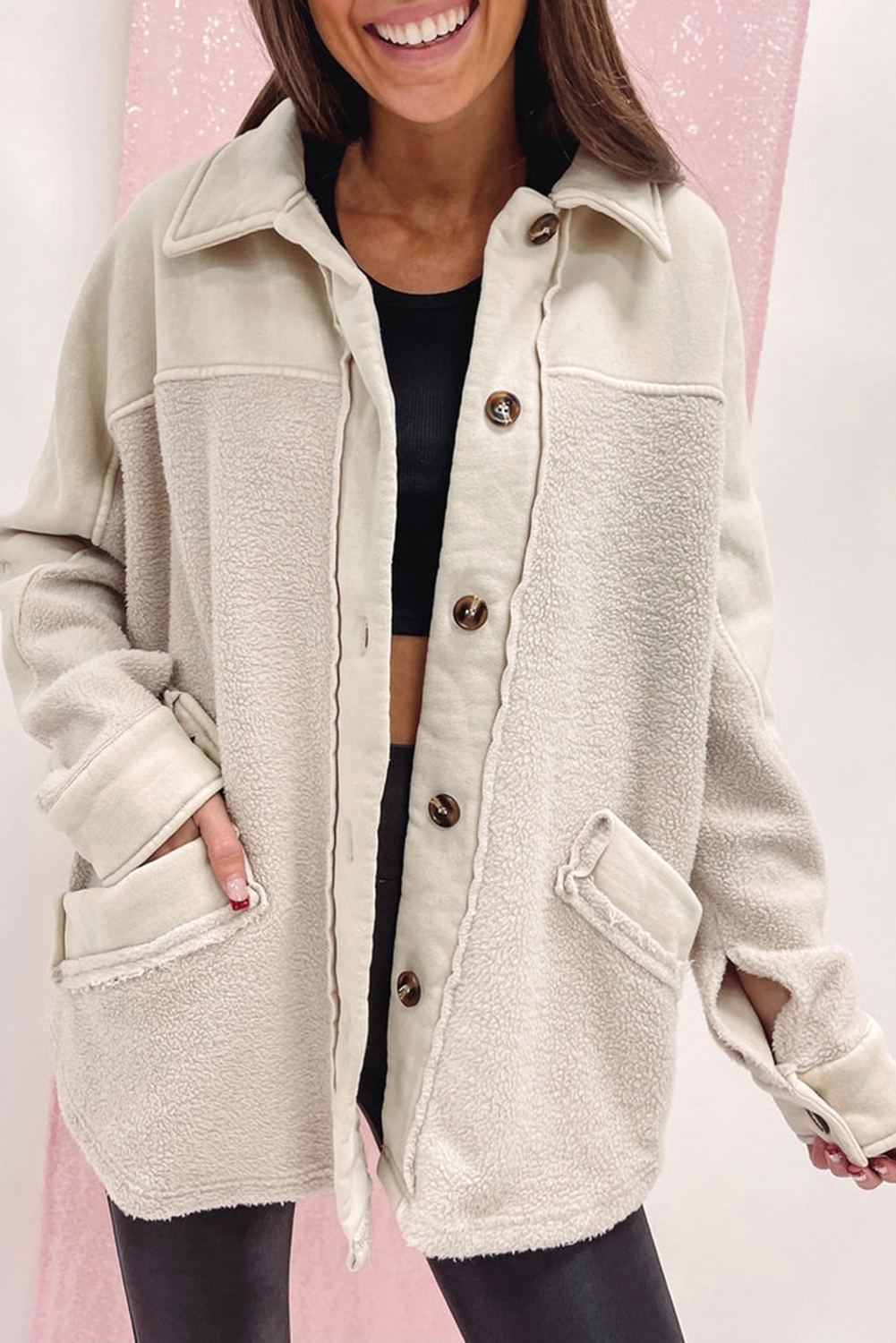 $12.69 White Plush Patchwork Pocketed Sherpa Shacket Wholesale