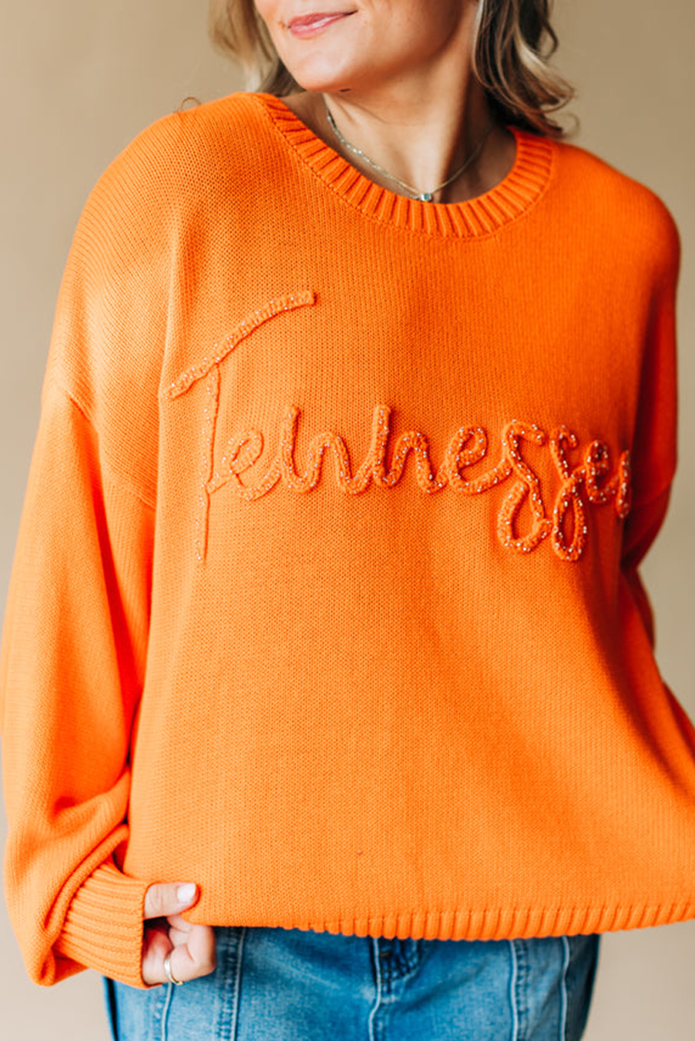 $9.69 Carrot Tennessee Embroidered Ribbed Edge Plus Size Sweater Wholesale