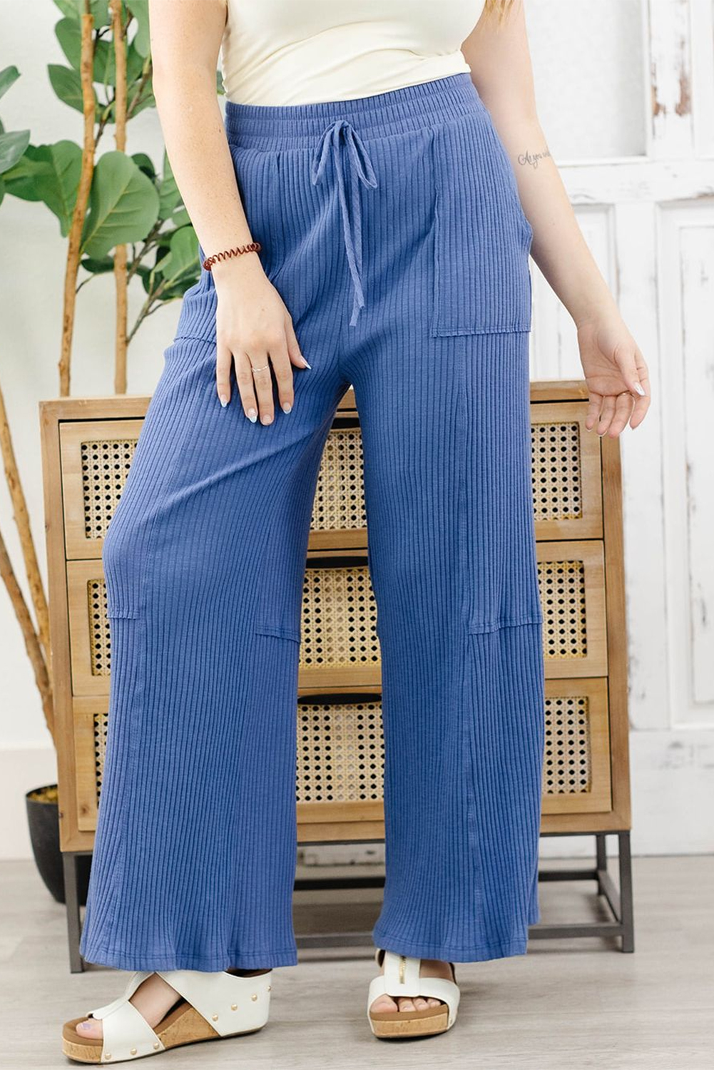 $8.29 Ashleigh Blue Ribbed Pocketed Lace-up Waist Wide Leg Plus Size ...