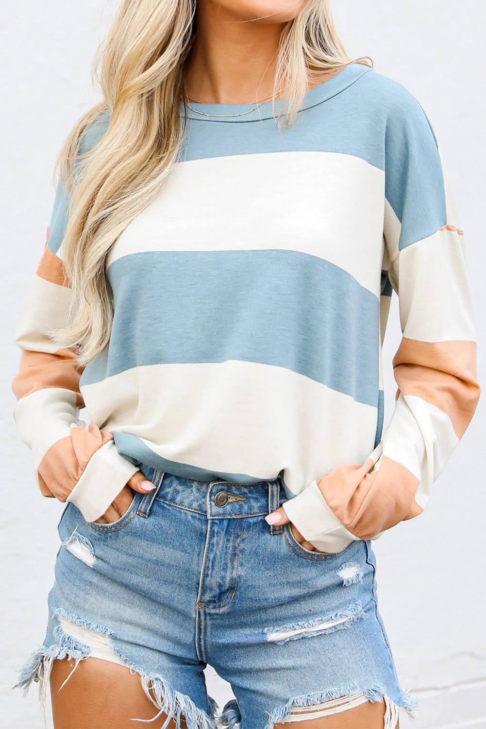 $4.85 Light Blue Colorblock Striped Drop Shoulder Long Sleeve Top Wholesale