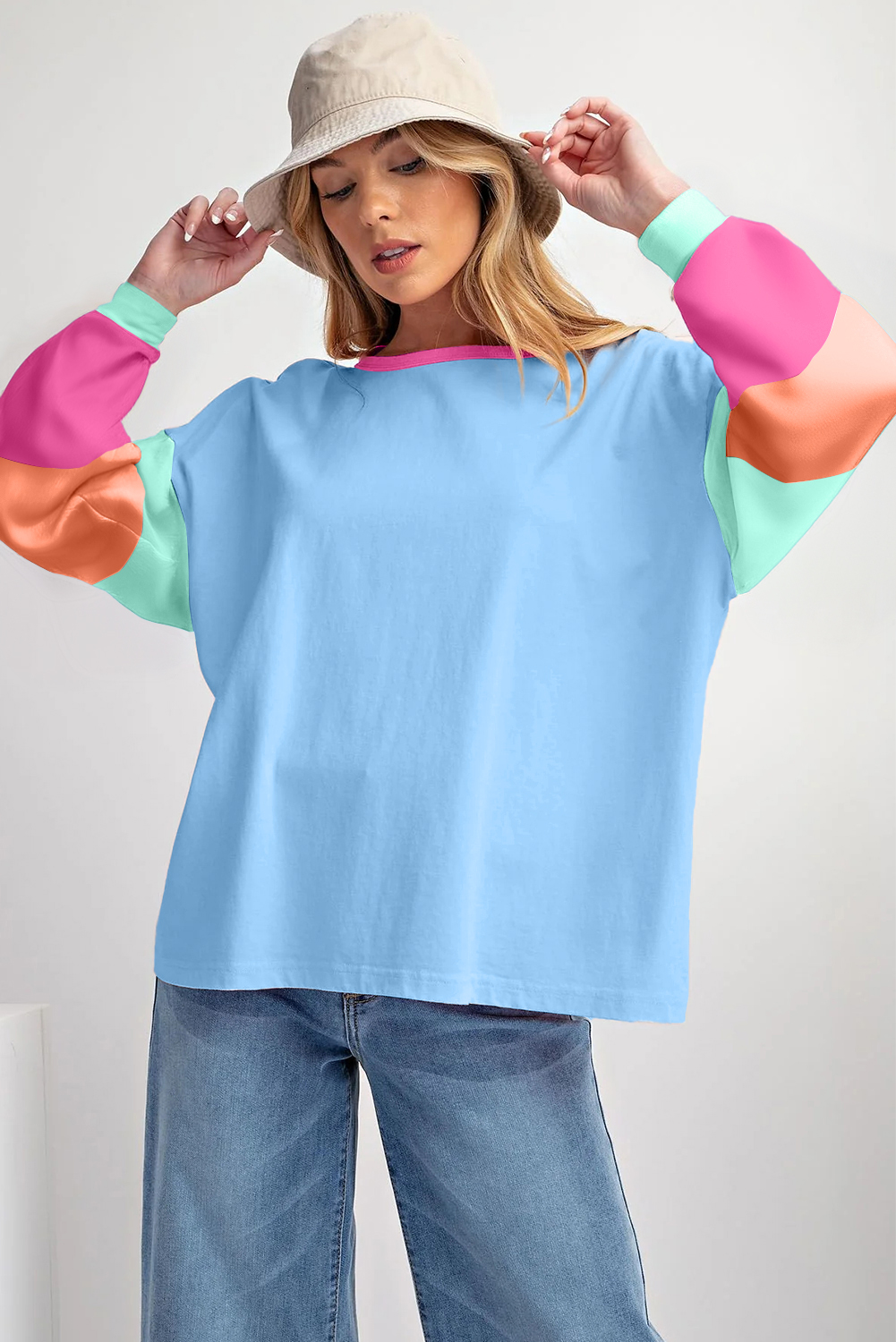 $6.35 Dark Blue Colorblock Patchwork Long Sleeve Loose Top Wholesale