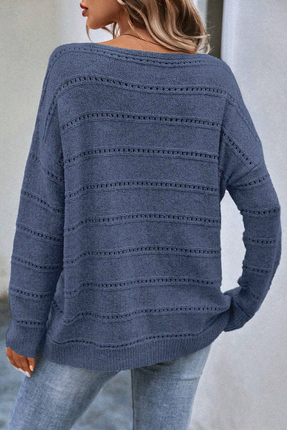 $8 Real Teal Boat Neck Drop Shoulder Pointelle Knit Sweater Wholesale