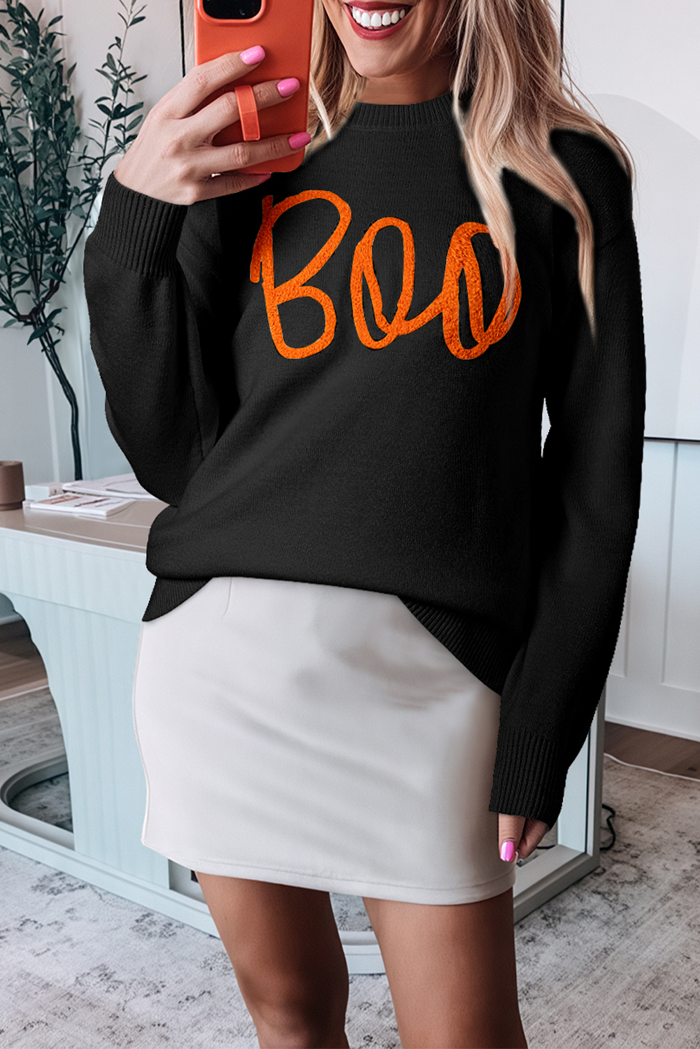 $10.3 Black Boo Knitted Pattern Ribbed Edge Drop Shoulder Sweater Wholesale