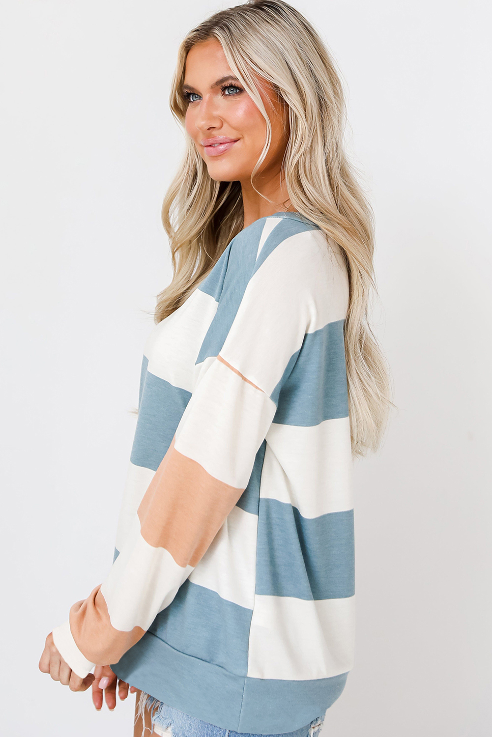 $4.85 Light Blue Colorblock Striped Drop Shoulder Long Sleeve Top Wholesale