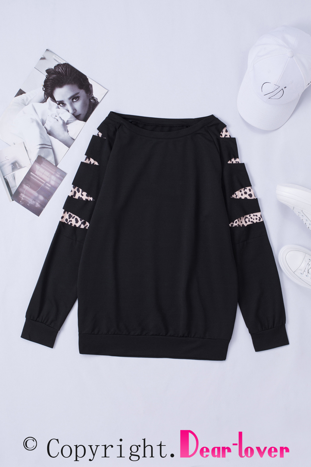 $6.5 Leopard Insert Black Sweatshirt Wholesale