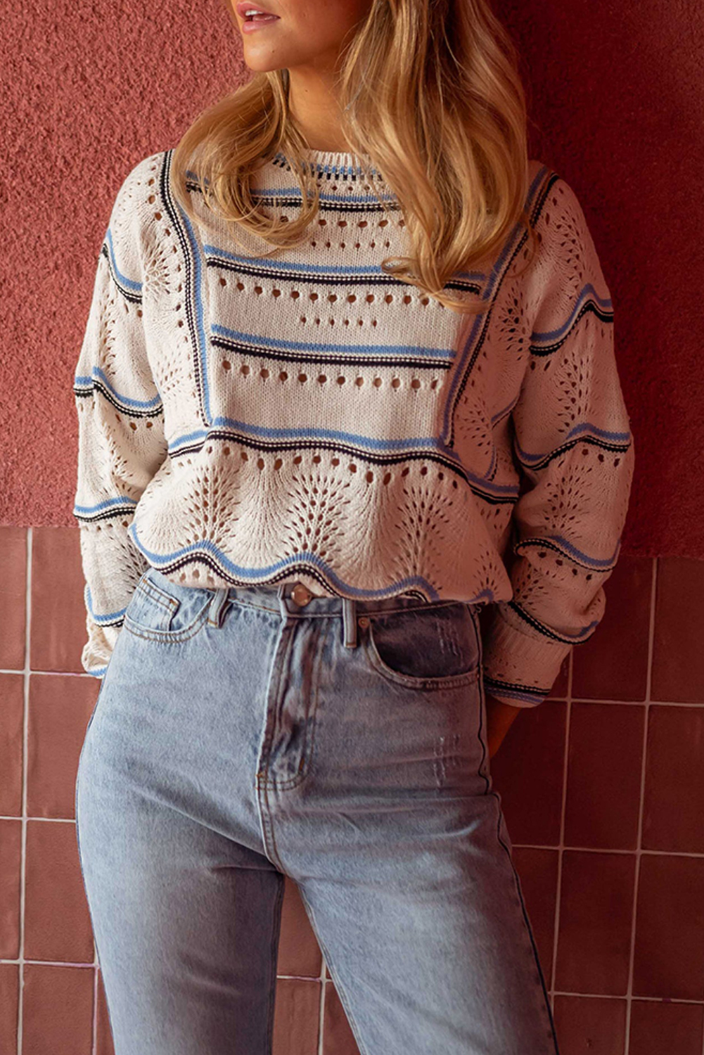 $9.29 White Colorblock Stripes Eyelet Drop Shoulder Sweater Wholesale