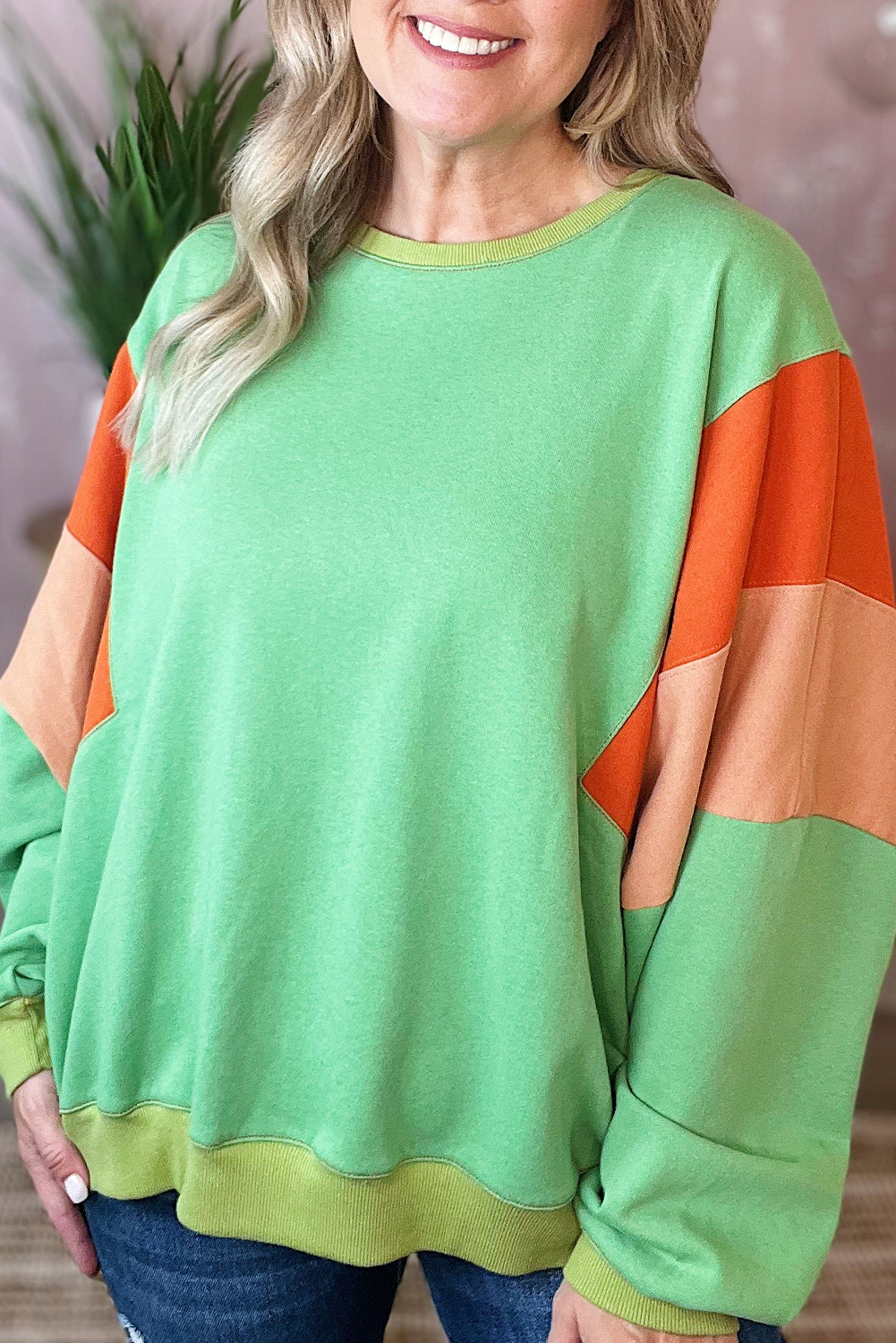 $9.29 Green Color Block Dolman Sleeve Terry Knit Pullover Plus Size ...