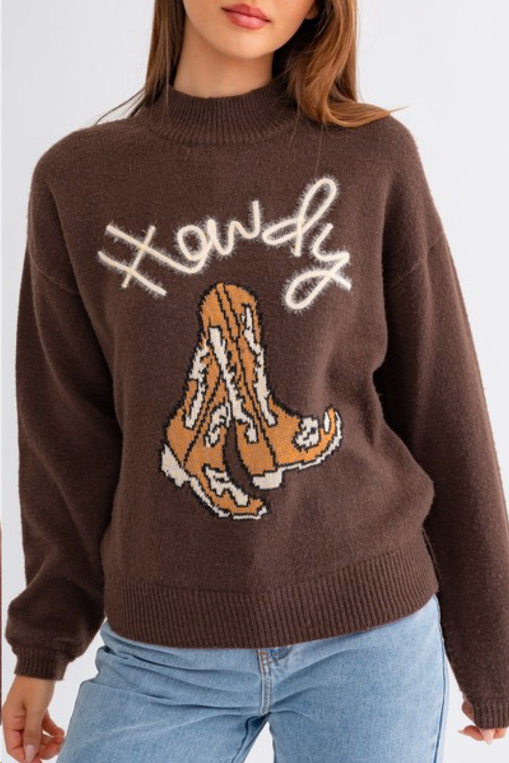 $11.7 Coffee Western Howdy Boot Graphic High Neck Sweater Wholesale