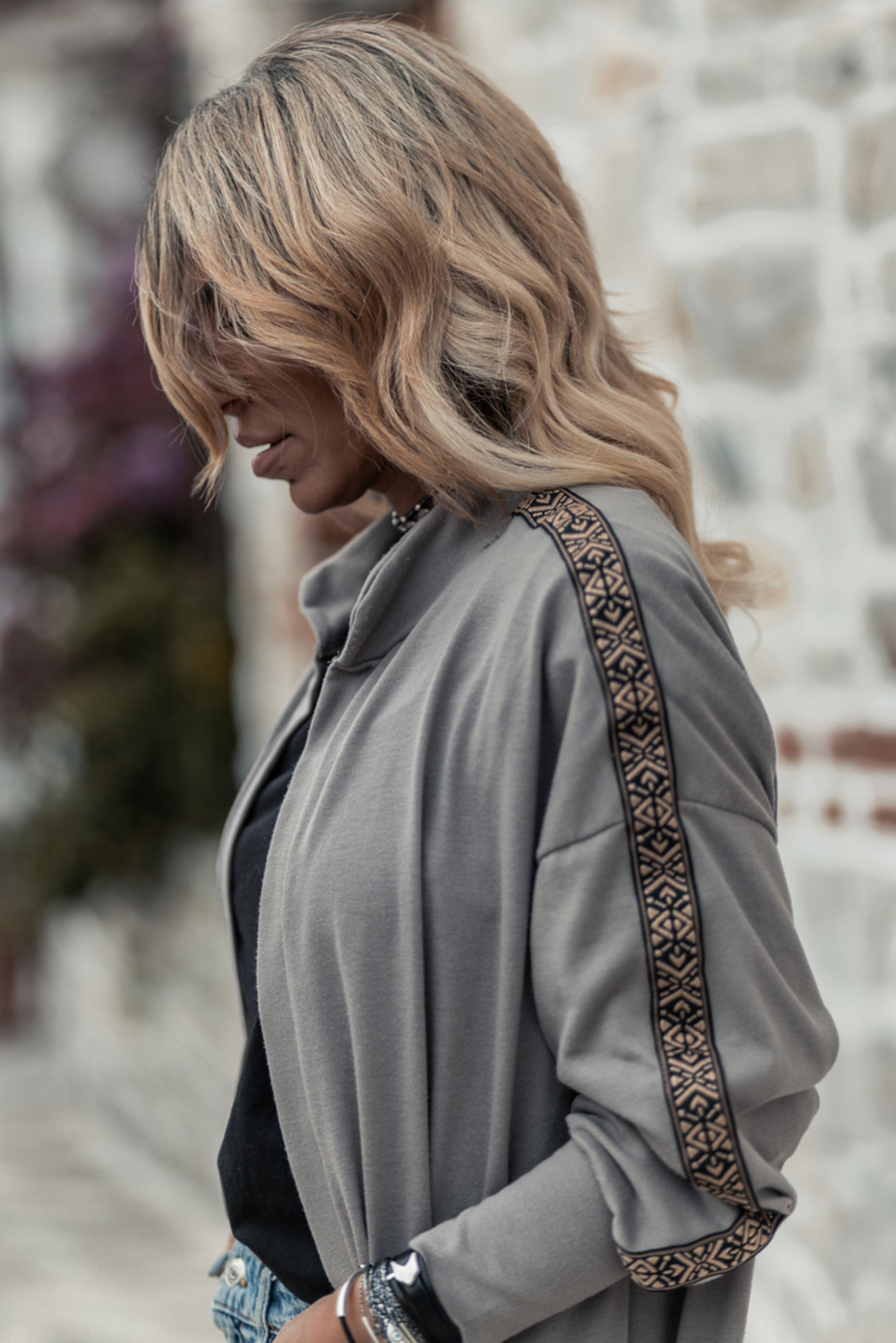 $10.6 Medium Grey Aztec Accent Side Slit Open Front Long Cardigan Wholesale