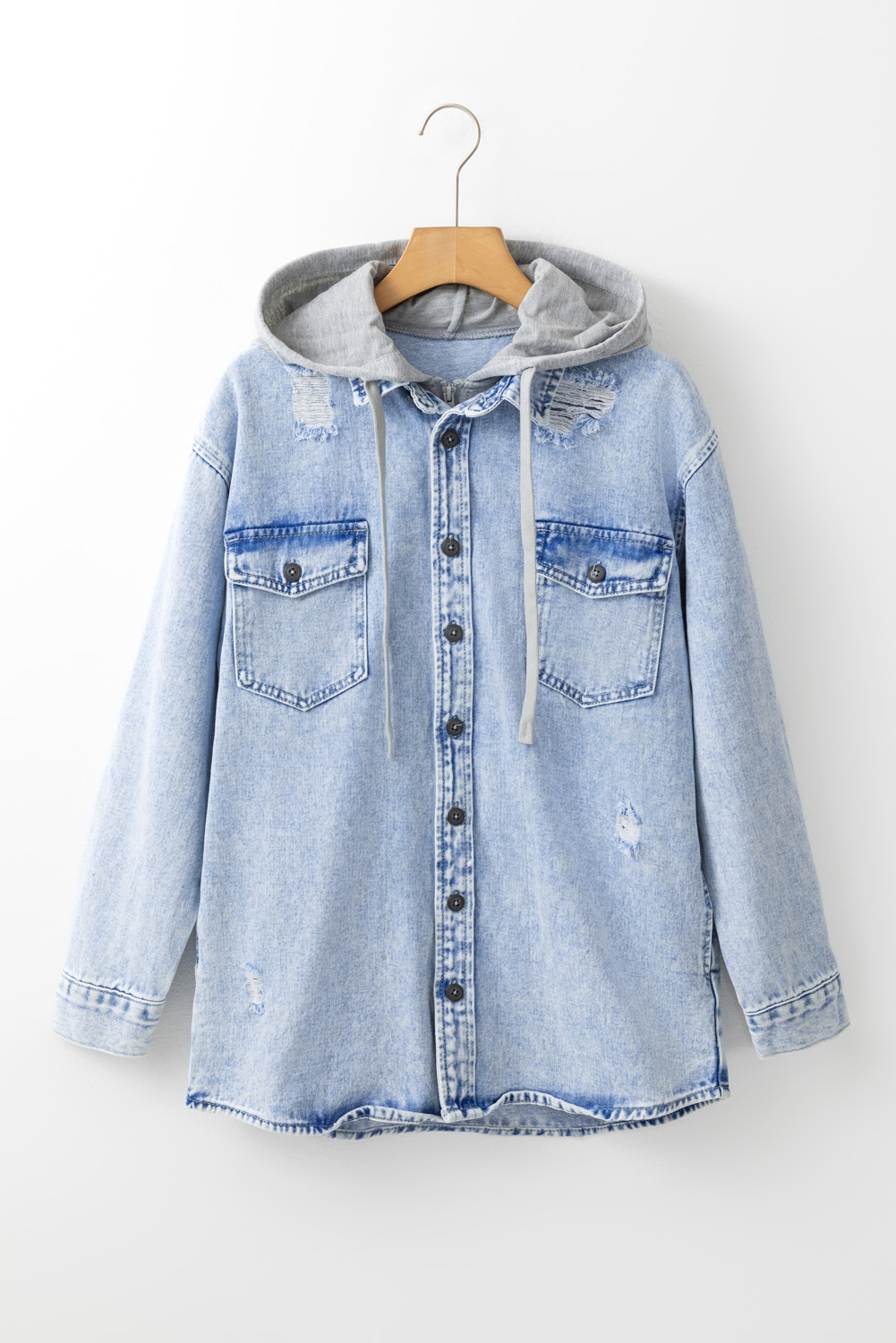 $18.25 Mist Blue Oversized Contrast Hooded Denim Jacket Wholesale