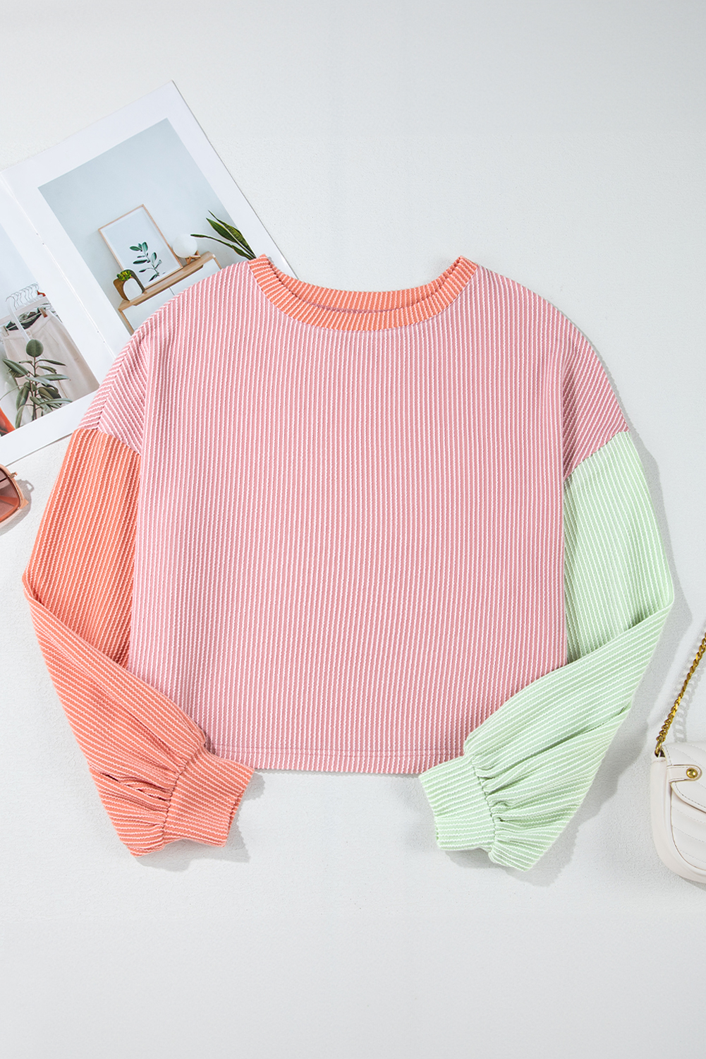 $5.7 Multicolour Corded Colorblock Patchwork Drop Shoulder Long Sleeve ...