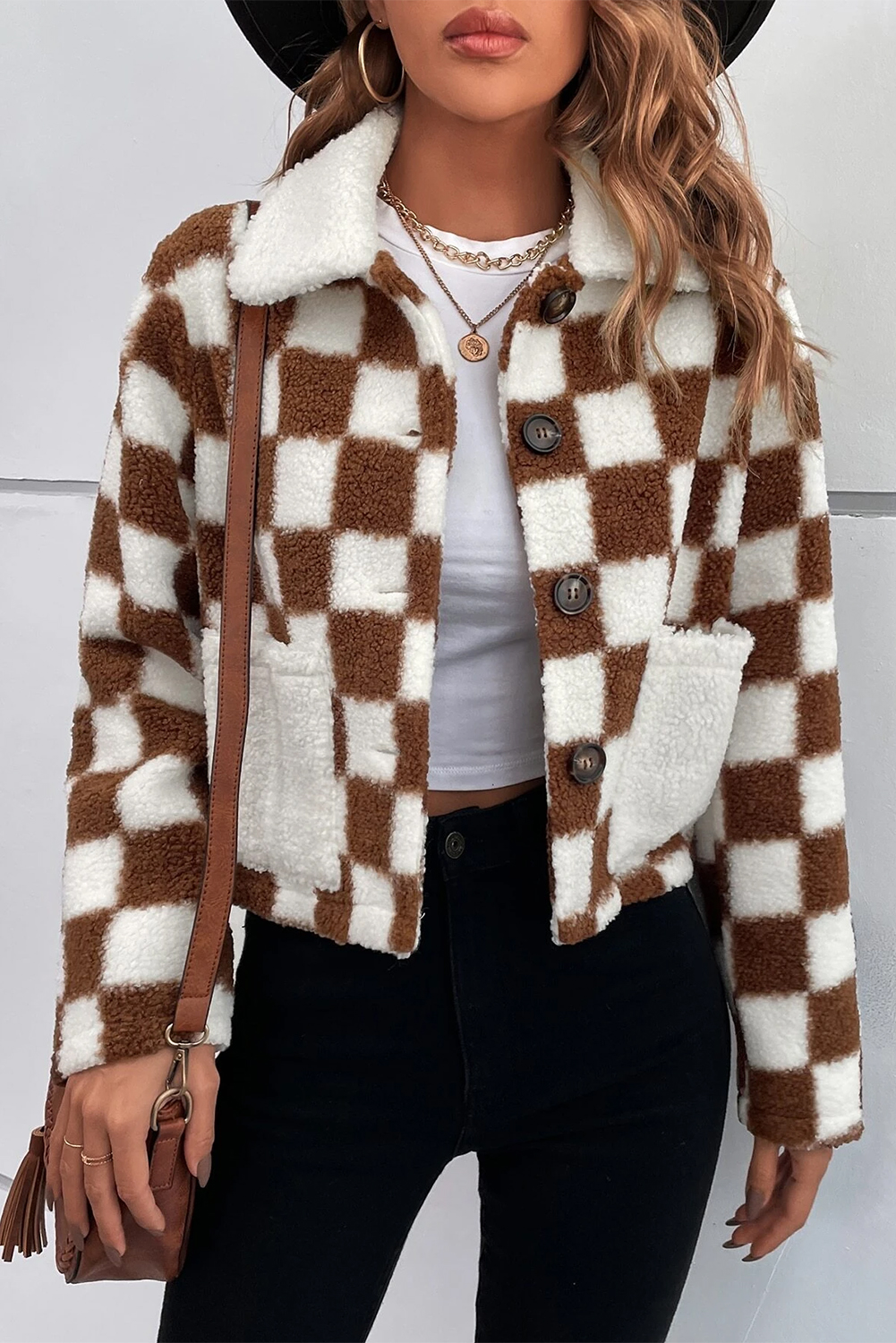 $12.2 Coffee Plush Checkerboard Pattern Collared Jacket with Pockets ...