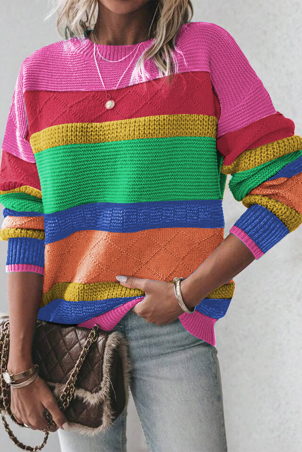 $11.05 Pink Colorblock Mixed Textured Drop Shoulder Sweater Wholesale