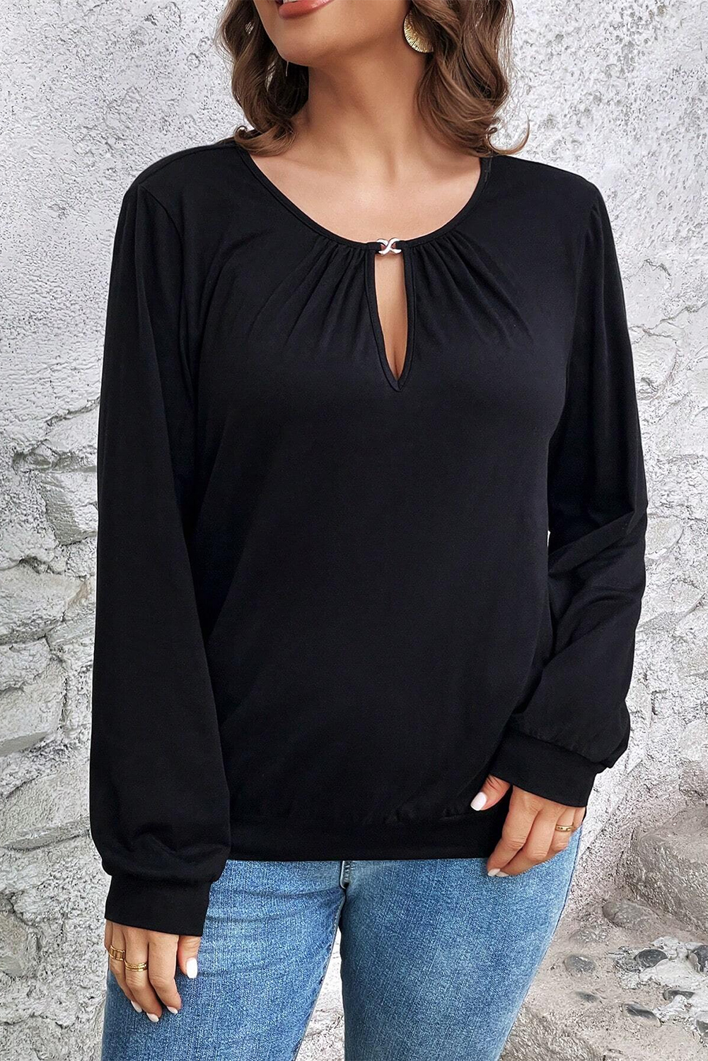 $1.4 Black Pee-a-boo Front Solid Long Sleeve Plus Size Top Wholesale