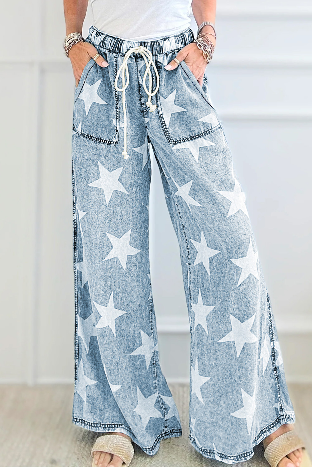 $11.6 Sky Blue Star Print Light Wash Drawstring Elastic Waistband Wide ...