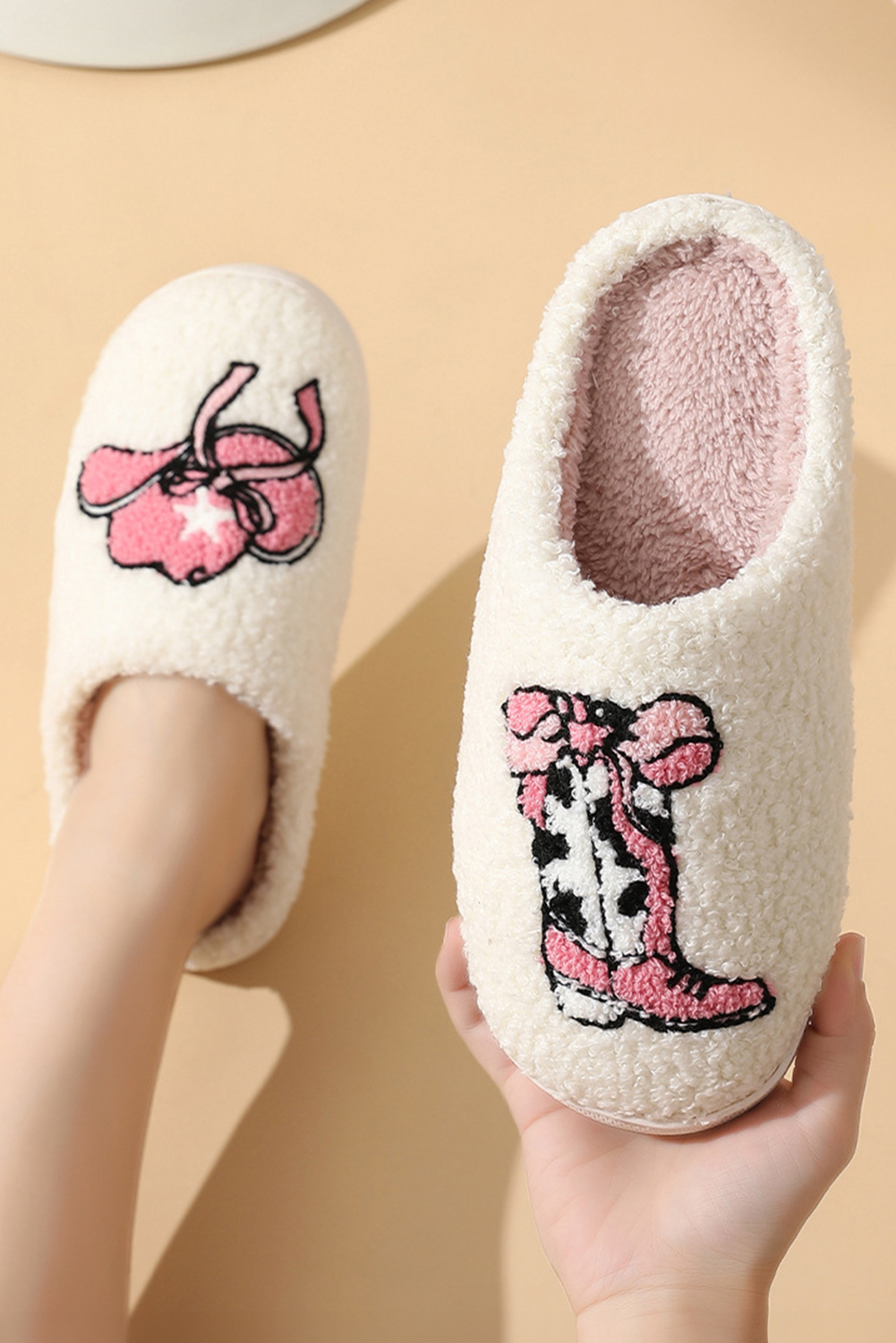 $2.83 White Cowgirl Hat & Boot Printed Plush Thermal Home Slippers ...