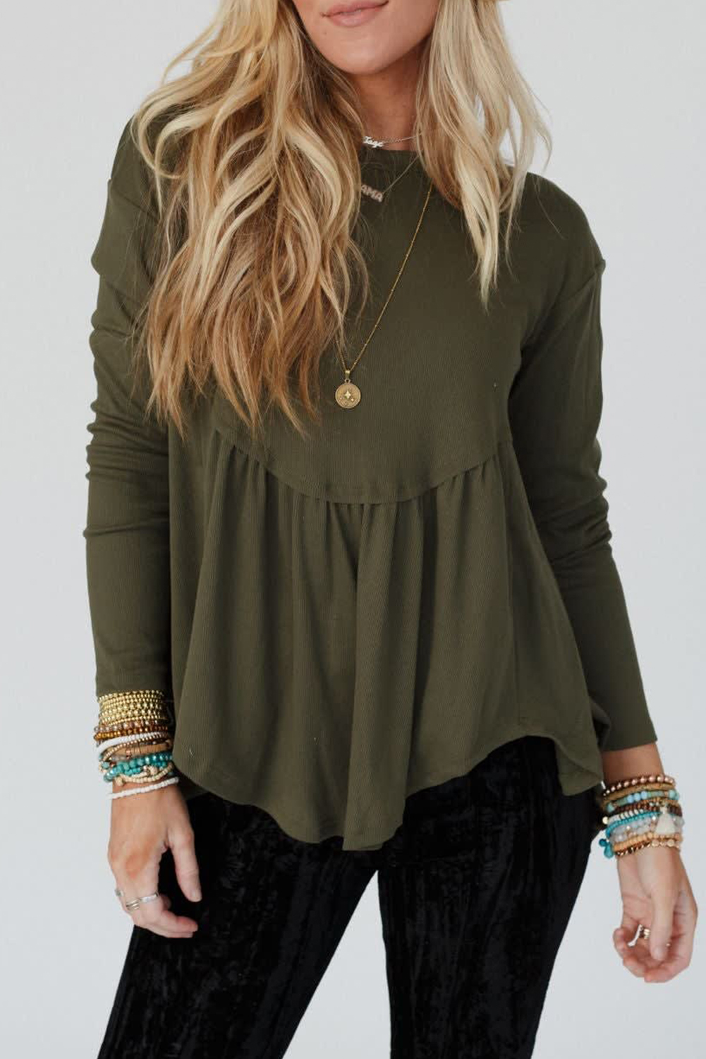 $9.6 Moss Green Long Sleeve Babydoll Knit Top Wholesale