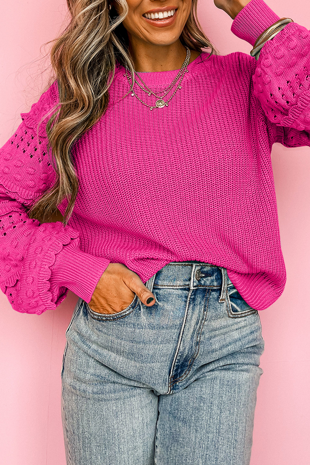 $10.7 Rose Red Ruffled Eyelet Bubble Sleeve Sweater Wholesale